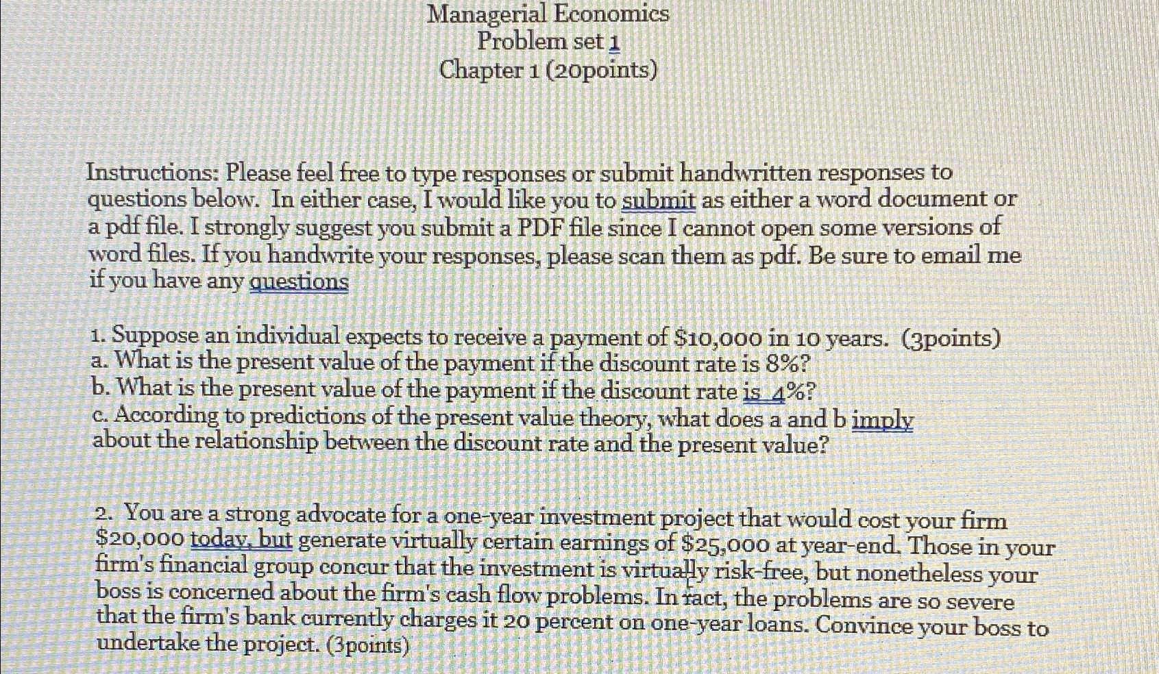 Solved Managerial EconomicsProblem set 1Chapter | Chegg.com