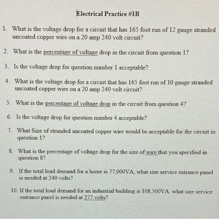 Solved Electrical Practice #1B 1. What is the voltage drop | Chegg.com