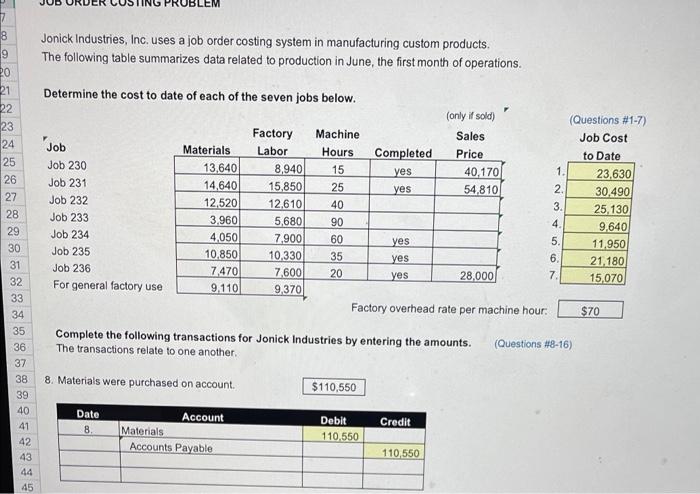 Jonick Industries, Inc. uses a job order costing | Chegg.com