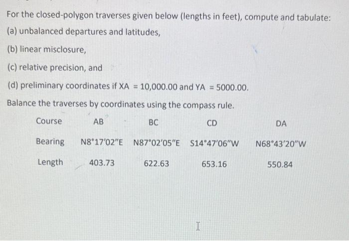 Solved For the closed-polygon traverses given below (lengths | Chegg.com