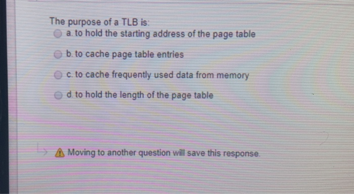 Solved The purpose of a TLB is a to hold the starting | Chegg.com