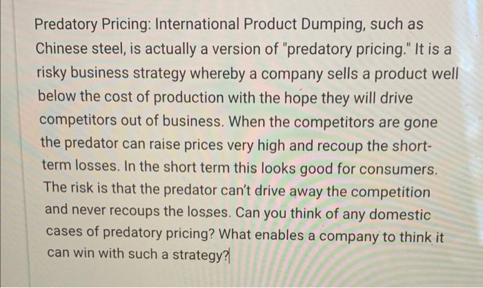 Solved Predatory Pricing: International Product Dumping, | Chegg.com