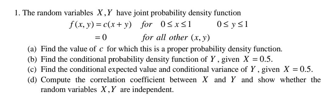 Solved 1. The random variables X,Y have joint probability | Chegg.com
