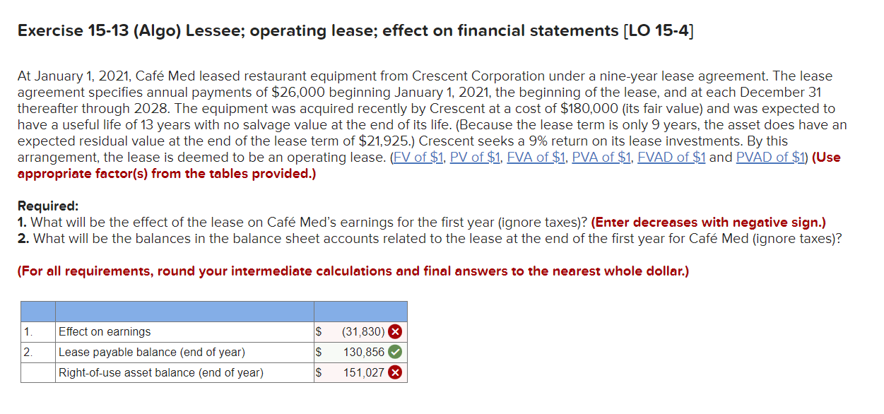 Solved Exercise 15-13 (Algo) ﻿Lessee; operating lease; | Chegg.com