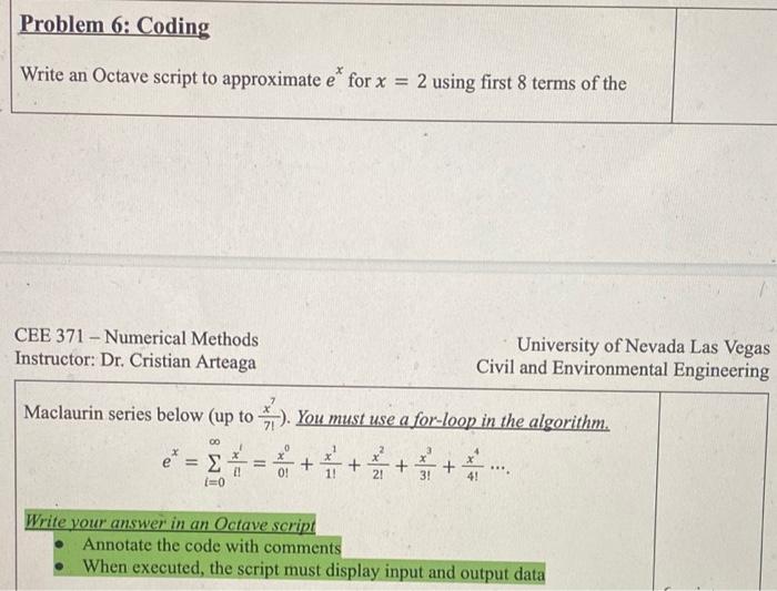 Solved CEE 371 - Numerical Methods University of Nevada Las | Chegg.com