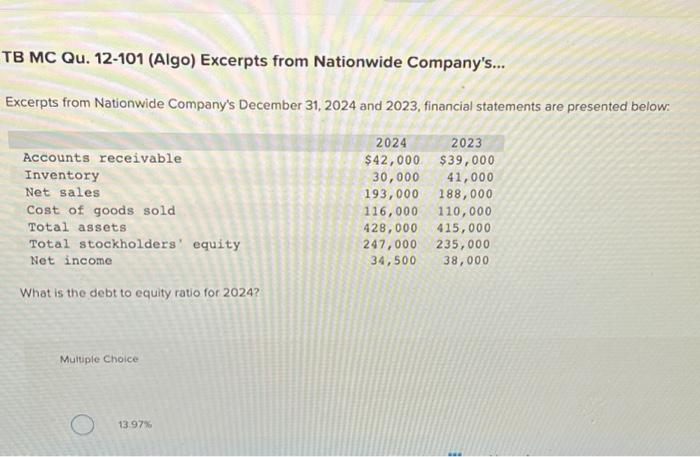 Solved TB MC Qu. 12-101 (Algo) Excerpts from Nationwide | Chegg.com