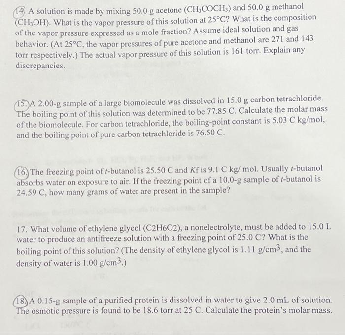 Solved (14.) A solution is made by mixing 50.0 g acetone | Chegg.com