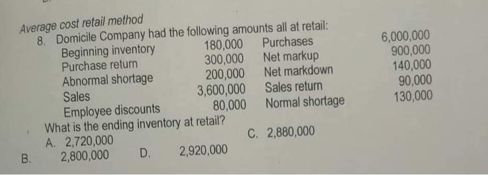 Solved Average cost retail method had the following amounts | Chegg.com