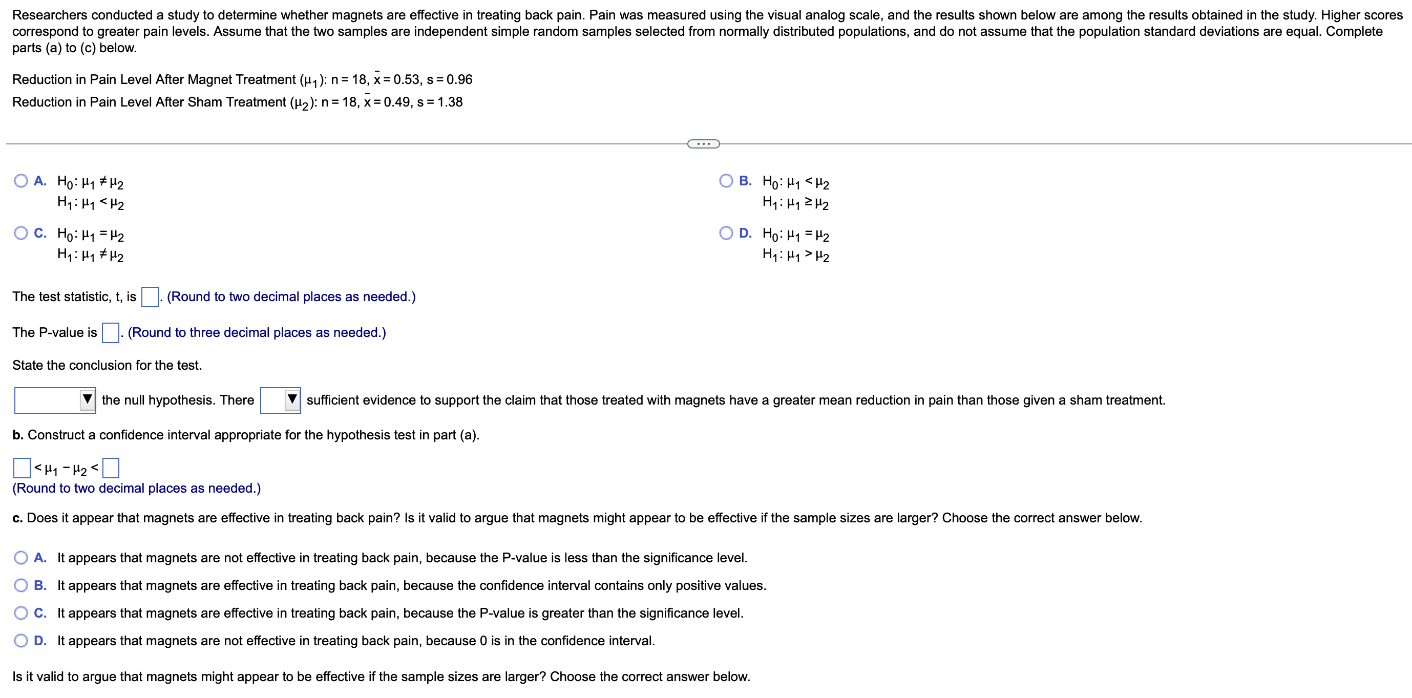 Solved parts (a) ﻿to (c) ﻿below.Reduction in Pain Level | Chegg.com