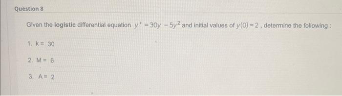Solved Given the logistic differential equation y′=30y−5y2 | Chegg.com