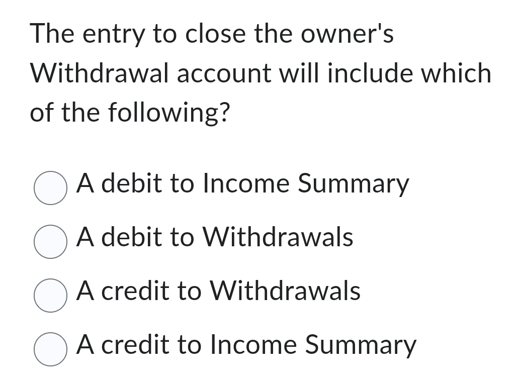 Solved The entry to close the owner'sWithdrawal account will | Chegg.com