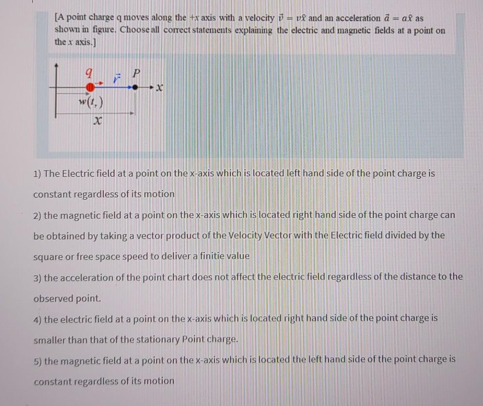 Solved [A point charge q moves along the tx axis with a | Chegg.com