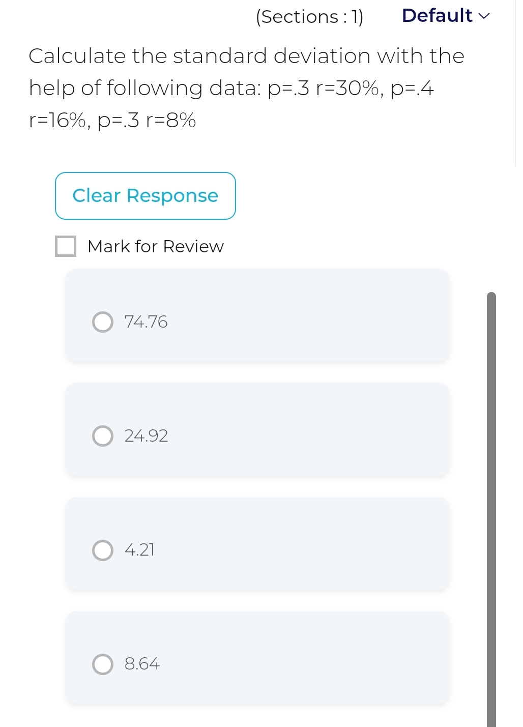 Solved (Sections:1) ﻿Default vvCalculate the standard | Chegg.com