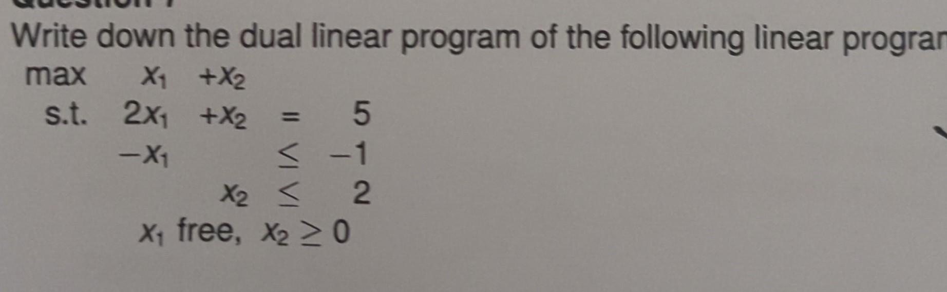 Solved Write down the dual linear program of the following | Chegg.com