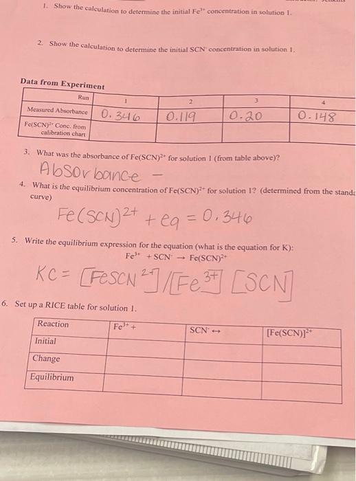 1. Show the calculation to determine the initial Fe³+ | Chegg.com
