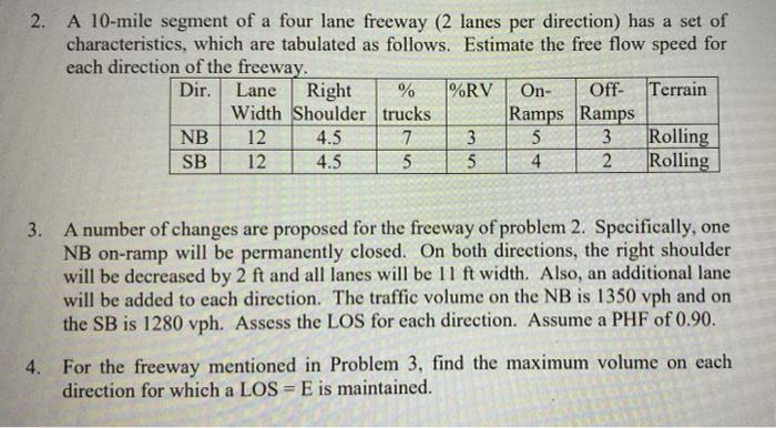 Solved 2. A 10-mile segment of a four lane freeway (2 lanes | Chegg.com