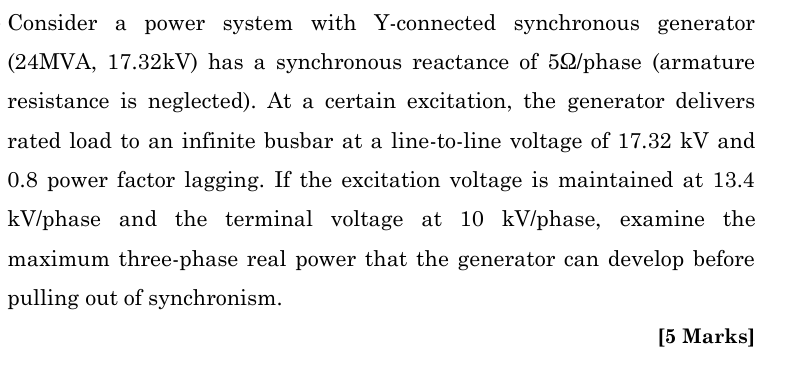 Solved Consider a power system with Y-connected synchronous | Chegg.com