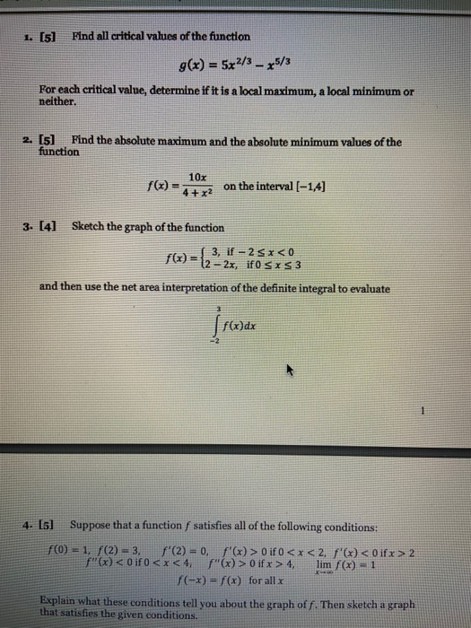 Solved 1. [5] Find all critical values of the function g(x) | Chegg.com