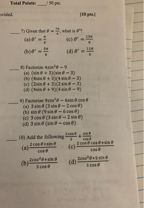 Solved Total Points: /50 pts. vided. [10 pts.] 7) Given that | Chegg.com
