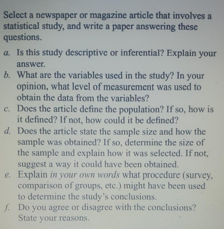 Solved Select a newspaper or magazine article that involves | Chegg.com
