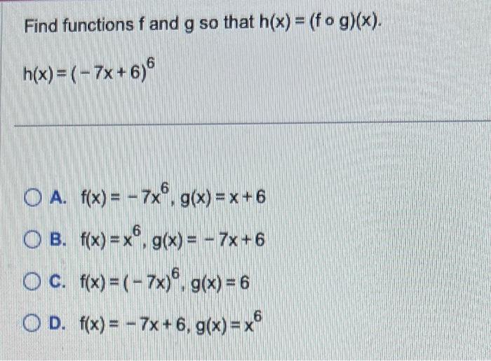 Solved Find functions f and g so that h(x)=(f∘g)(x). | Chegg.com