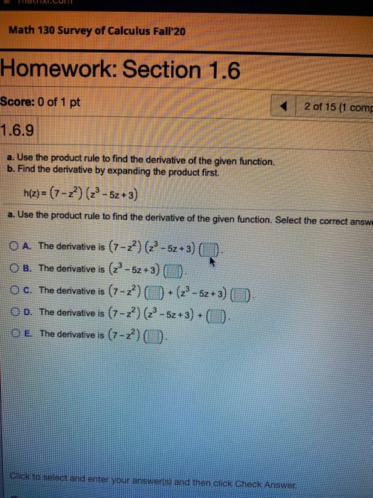 Solved Math 130 Survey of Calculus Fall 20 Homework: Section | Chegg.com