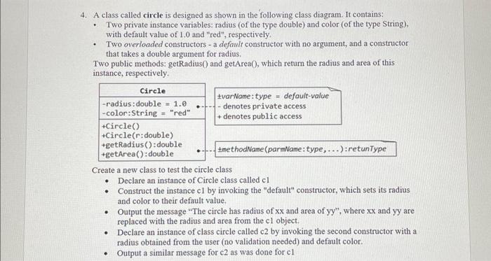 Solved 4. A class called circle is designed as shown in the | Chegg.com