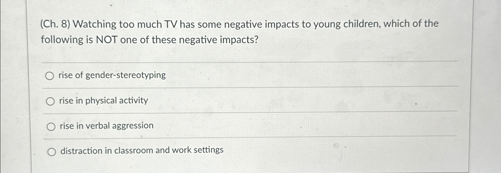 Solved (Ch. 8) ﻿Watching too much TV has some negative | Chegg.com