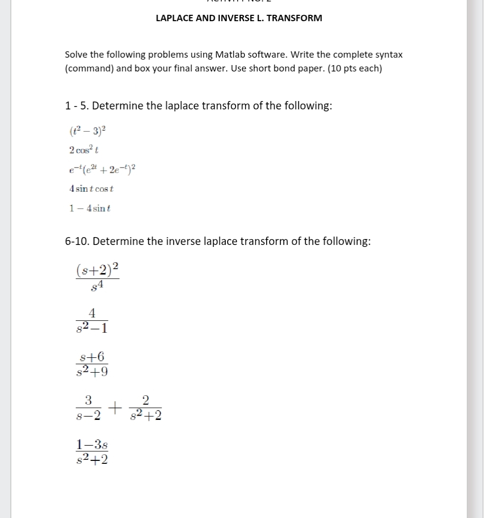 Solved LAPLACE AND INVERSE L. ﻿TRANSFORMSolve the following | Chegg.com