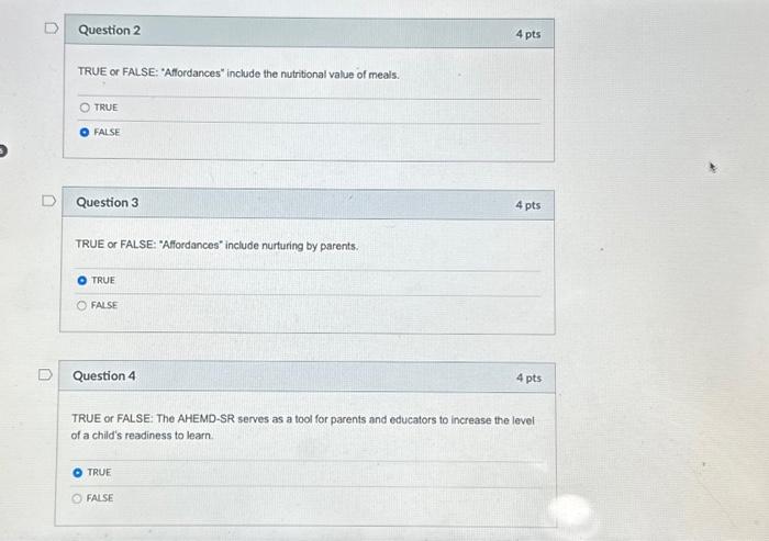 Solved TRUE or FALSE: "Aflordances" include the nutritional | Chegg.com