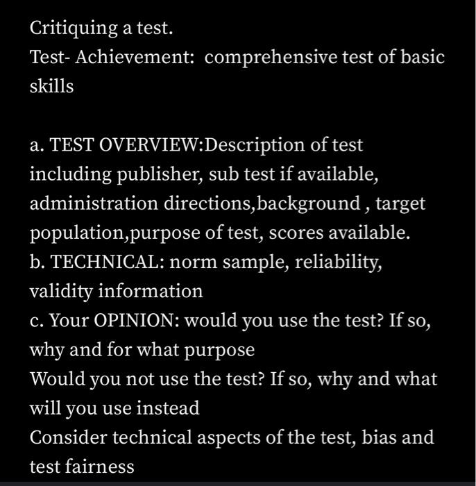 Solved Critiquing a test. Test- Achievement: comprehensive | Chegg.com