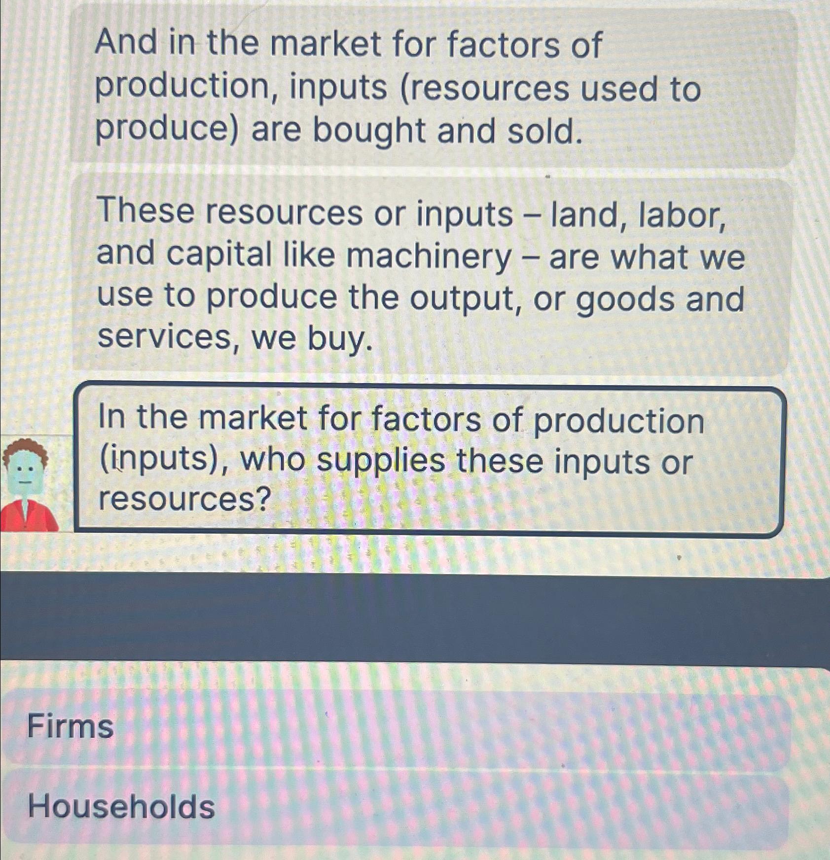 Solved And in the market for factors of production, inputs | Chegg.com