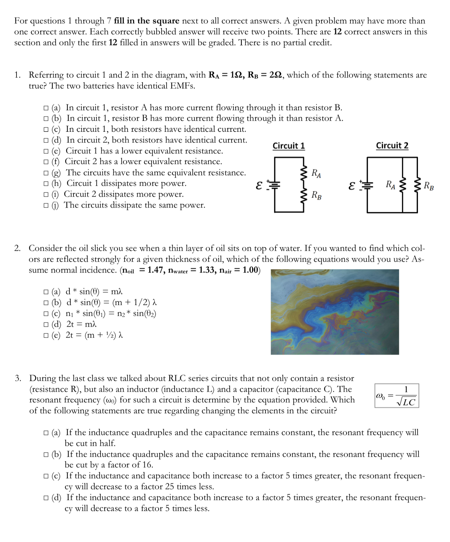 Solved For questions 1 ﻿through 7 ﻿fill in the square next | Chegg.com