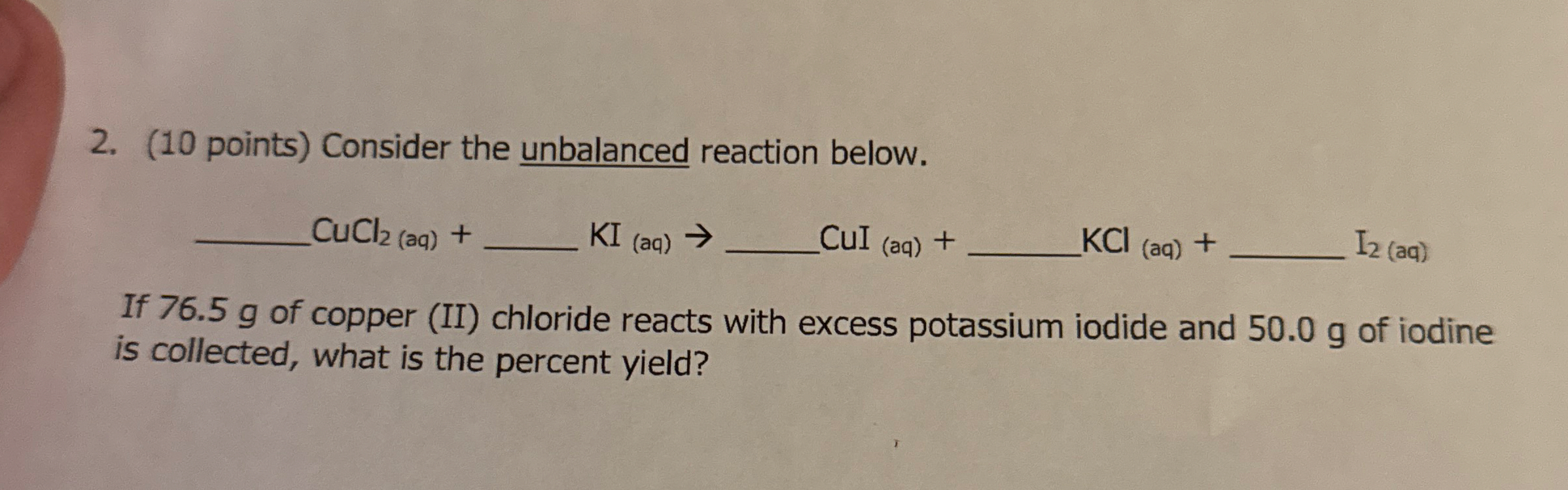 Solved (10 ﻿points) ﻿Consider the unbalanced reaction | Chegg.com