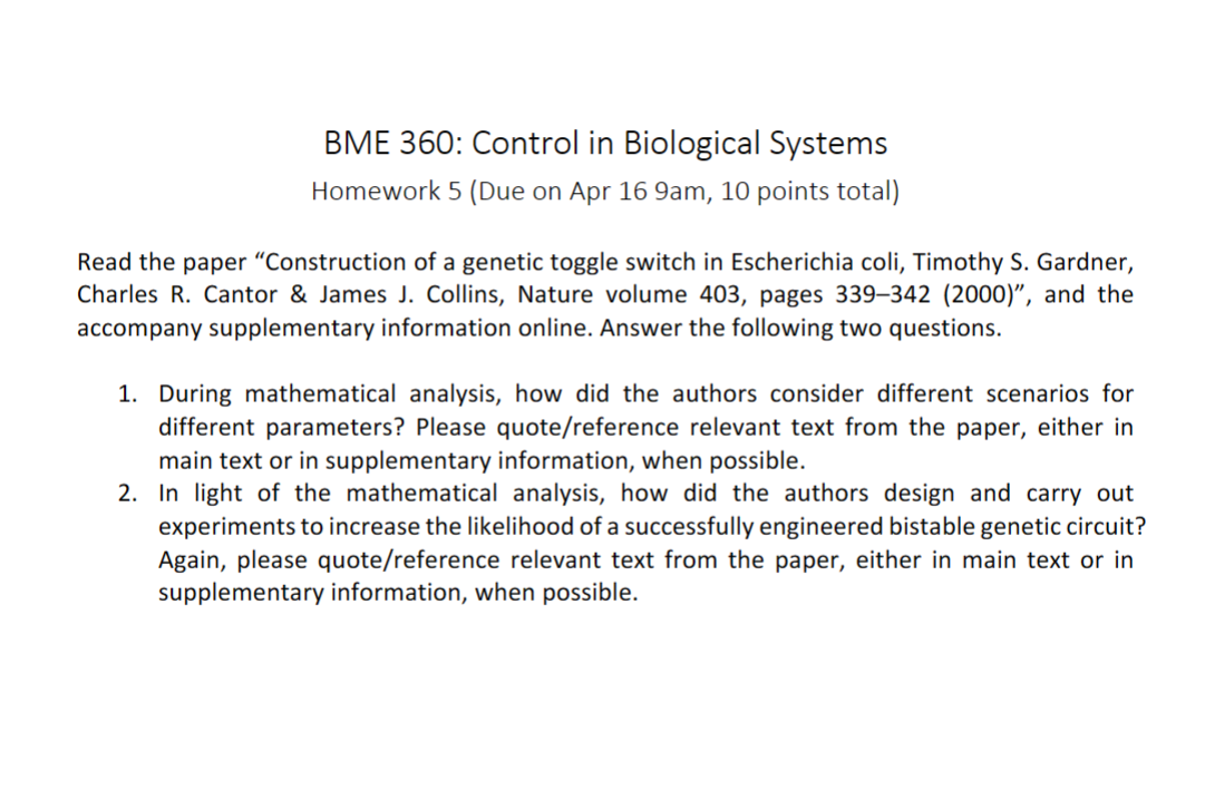 Solved BME 360: Control in Biological SystemsHomework 5 (Due | Chegg.com
