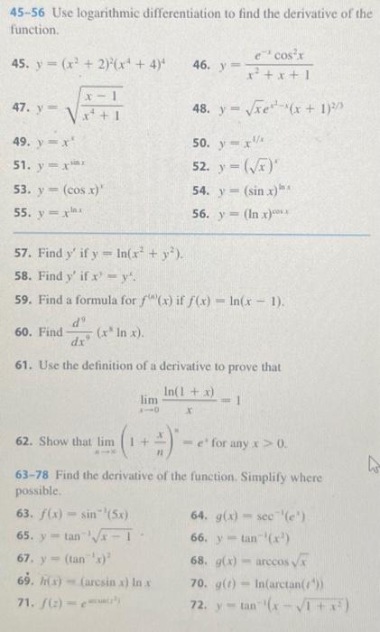 Solved 45-56 Use logarithmic differentiation to find the | Chegg.com