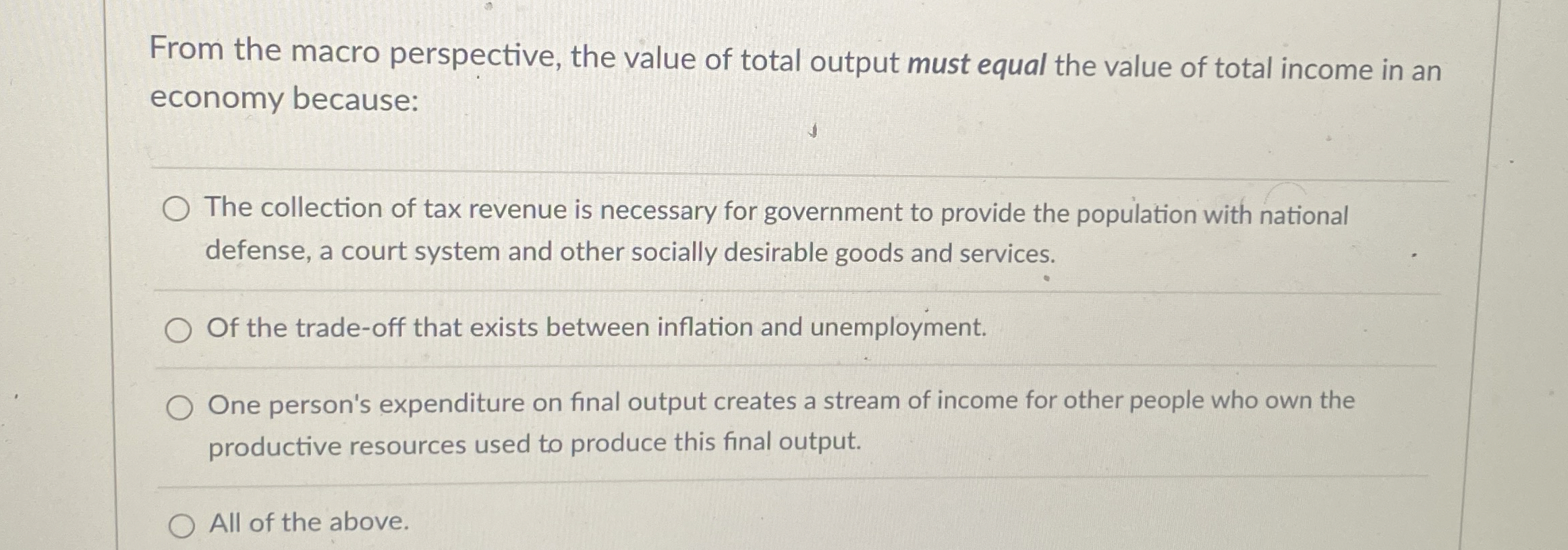 Solved From the macro perspective, the value of total output | Chegg.com