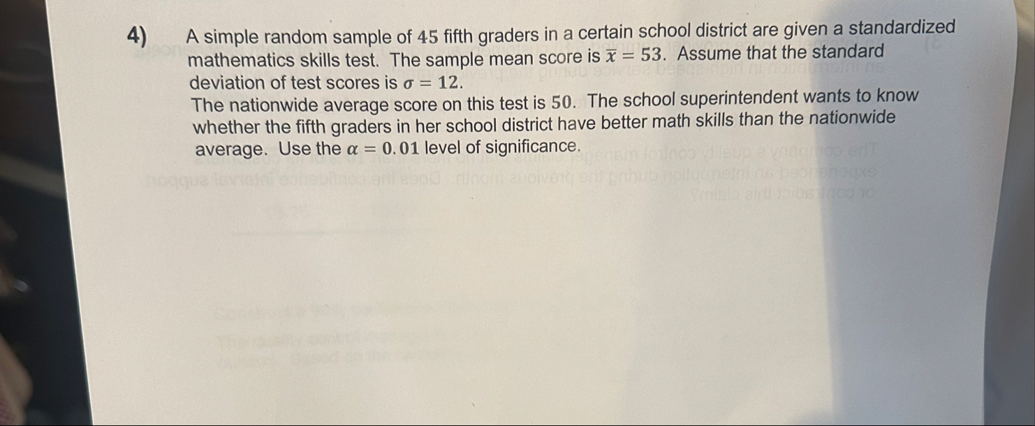 Solved A simple random sample of 45 ﻿fifth graders in a | Chegg.com