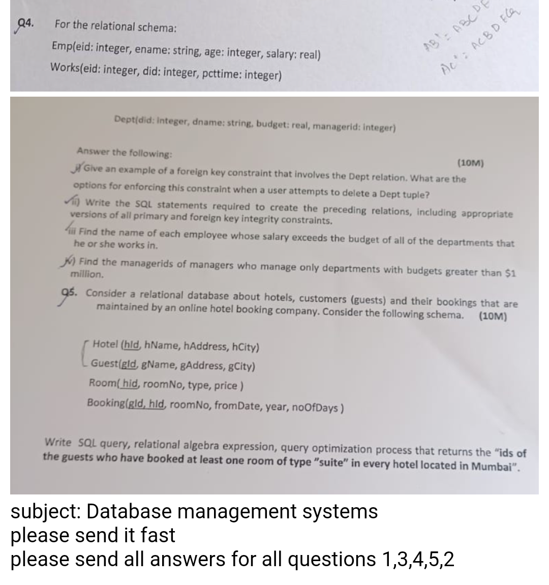 Solved Q4. For the relational schema: Emp(eid: integer, | Chegg.com