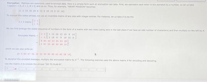 Solved Encryption Matrices are commonly used to encrypt | Chegg.com