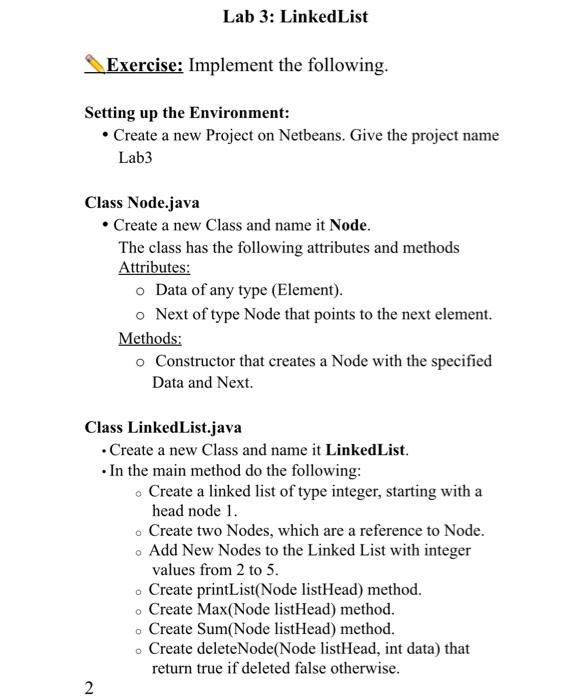 Solved Lab 3: LinkedList Exercise: Implement the following. | Chegg.com