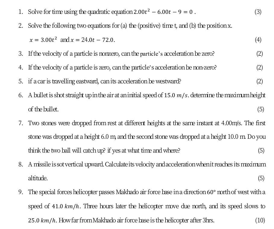 Solved (3) 1. Solve for time using the quadratic equation | Chegg.com