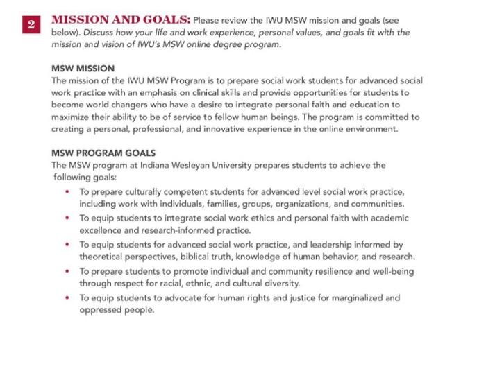MISSION AND GOALS: Please review the IWU MSW mission | Chegg.com