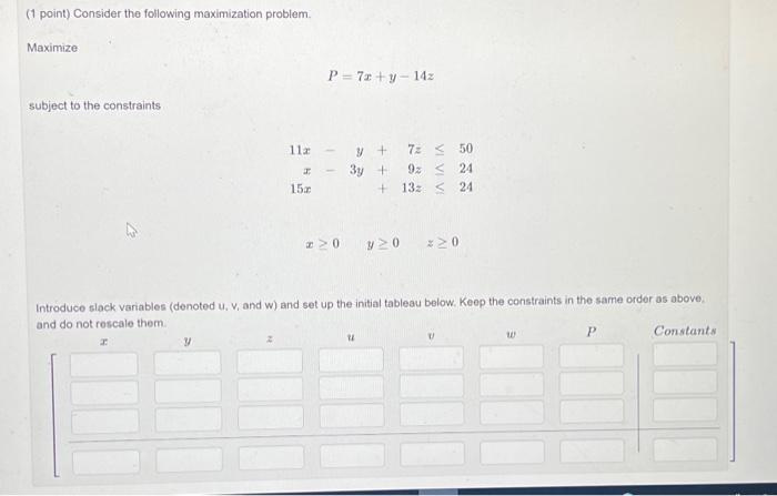 Solved (1 point) Consider the following maximization | Chegg.com