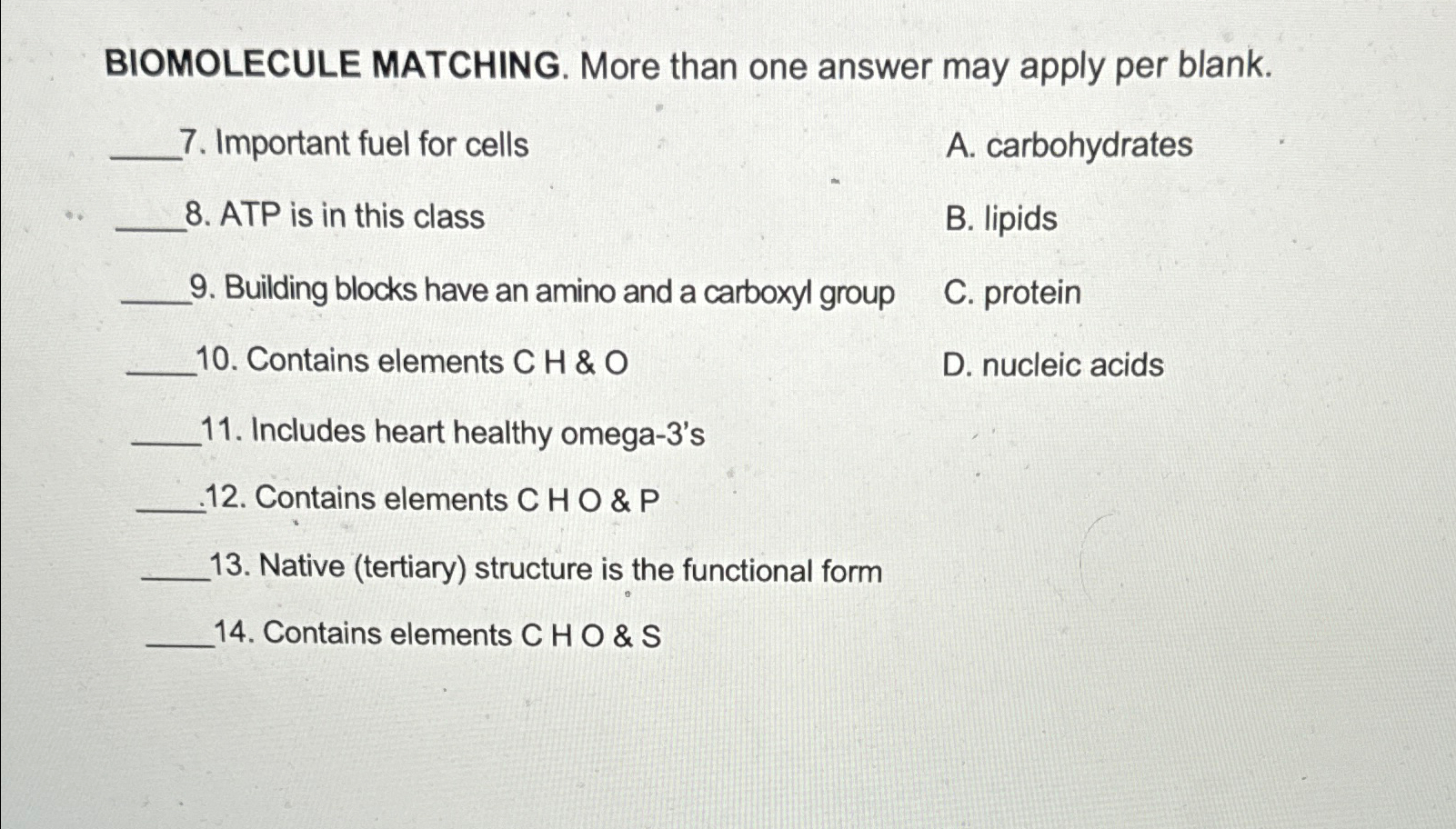 Solved BIOMOLECULE MATCHING. More than one answer may apply | Chegg.com