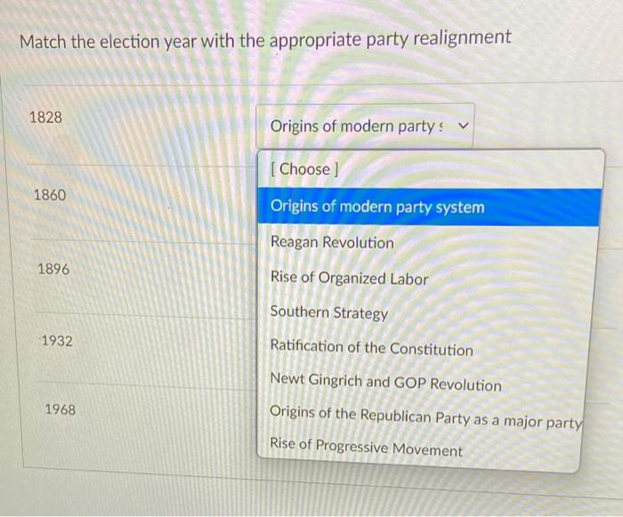 Match the election year with the appropriate party | Chegg.com