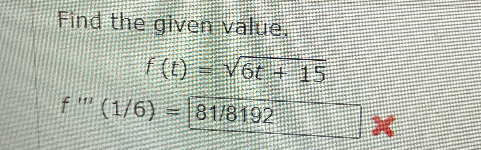 Solved Find the given value.f(t)=6t+152f'''(16)= | Chegg.com