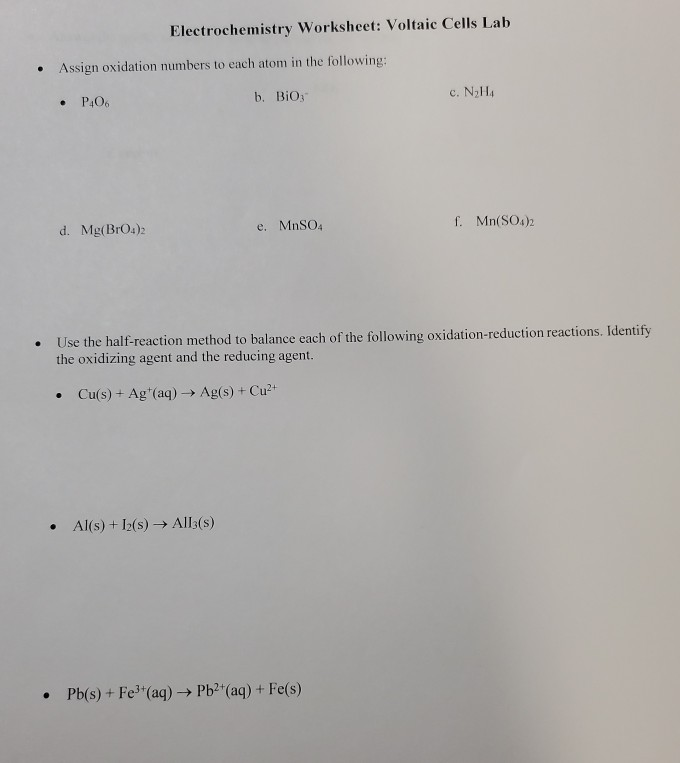 Solved Electrochemistry Worksheet: Voltaic Cells Lab • | Chegg.com