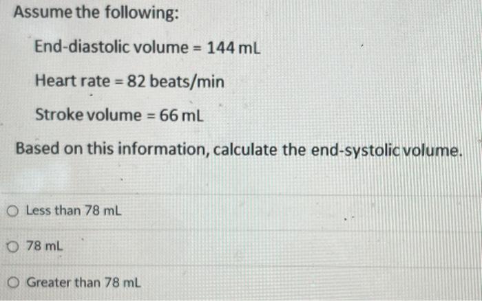 Solved Assume the following: End-diastolic volume =144 mL | Chegg.com