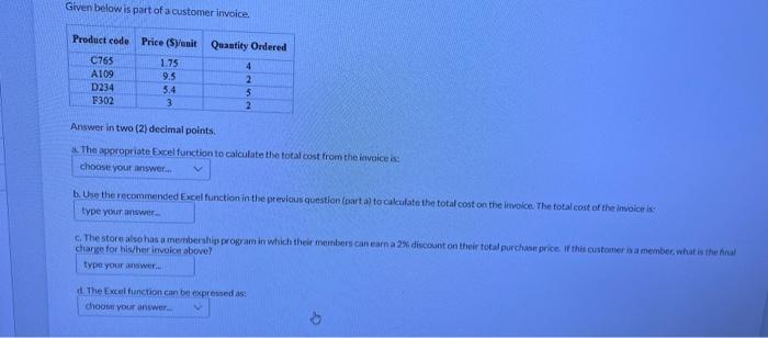 Solved Given below is part of a customer invoice. Answer in | Chegg.com